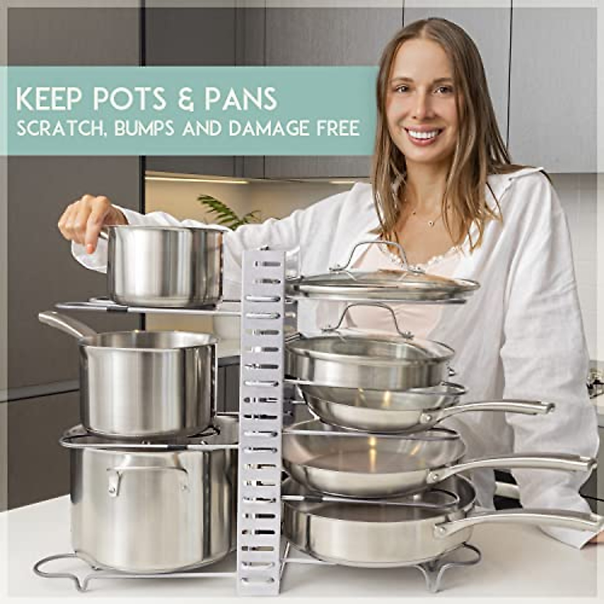 GeekDigg Pot Rack Organizer, Adjustable Height and Position Pots and Pan Rack, Kitchen Counter and Cabinet Pan Organizer Shelf Rack/Pot Lid Holder with 3 DIY Methods - Silver