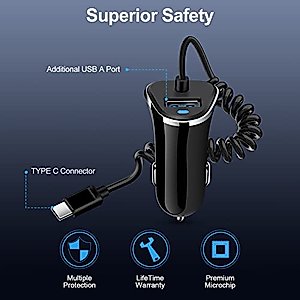 Android Type C Fast Car Charger for Samsung Galaxy S23 A14 A54 Z Fold 4 Z Flip 4 S22 Ultra A53 A13 A03s A32 A52 S21 FE S20,3.4A Fast Car Charging Cigarette Lighter Adapter with 3ft USB C Coiled Cable