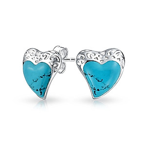 Bali Style Filigree Stabilized Turquoise Heart Shaped Stud Earrings For Women For Girlfriend .925 Sterling Silver