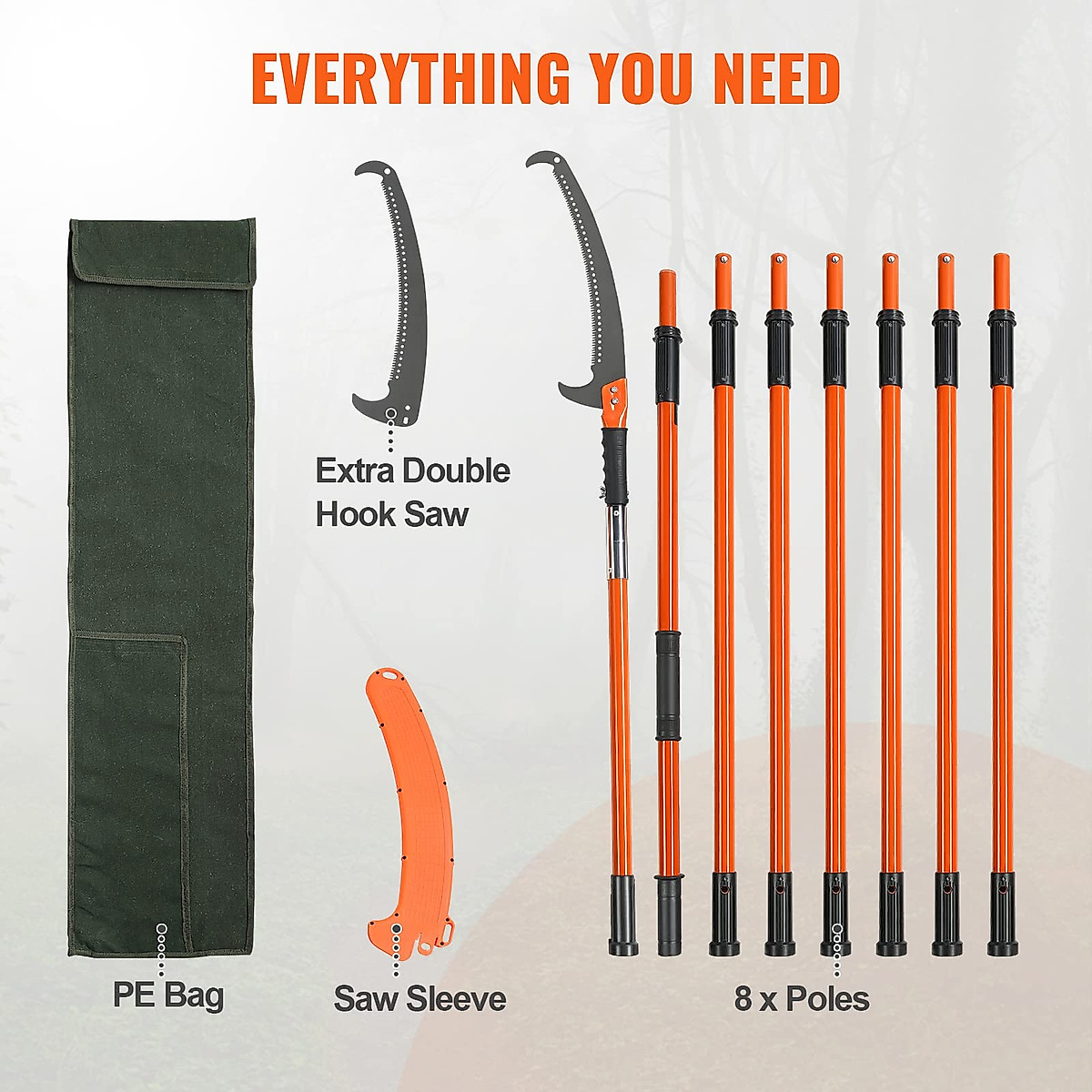 VEVOR Manual Pole Saw, 7.3-27 ft Extendable Tree Pruner, Sharp Steel Blade High Branches Trimming, Manual Branch Trimmer with Lightweight 8 Fiberglass Handles, for Pruning Palms and Shrubs