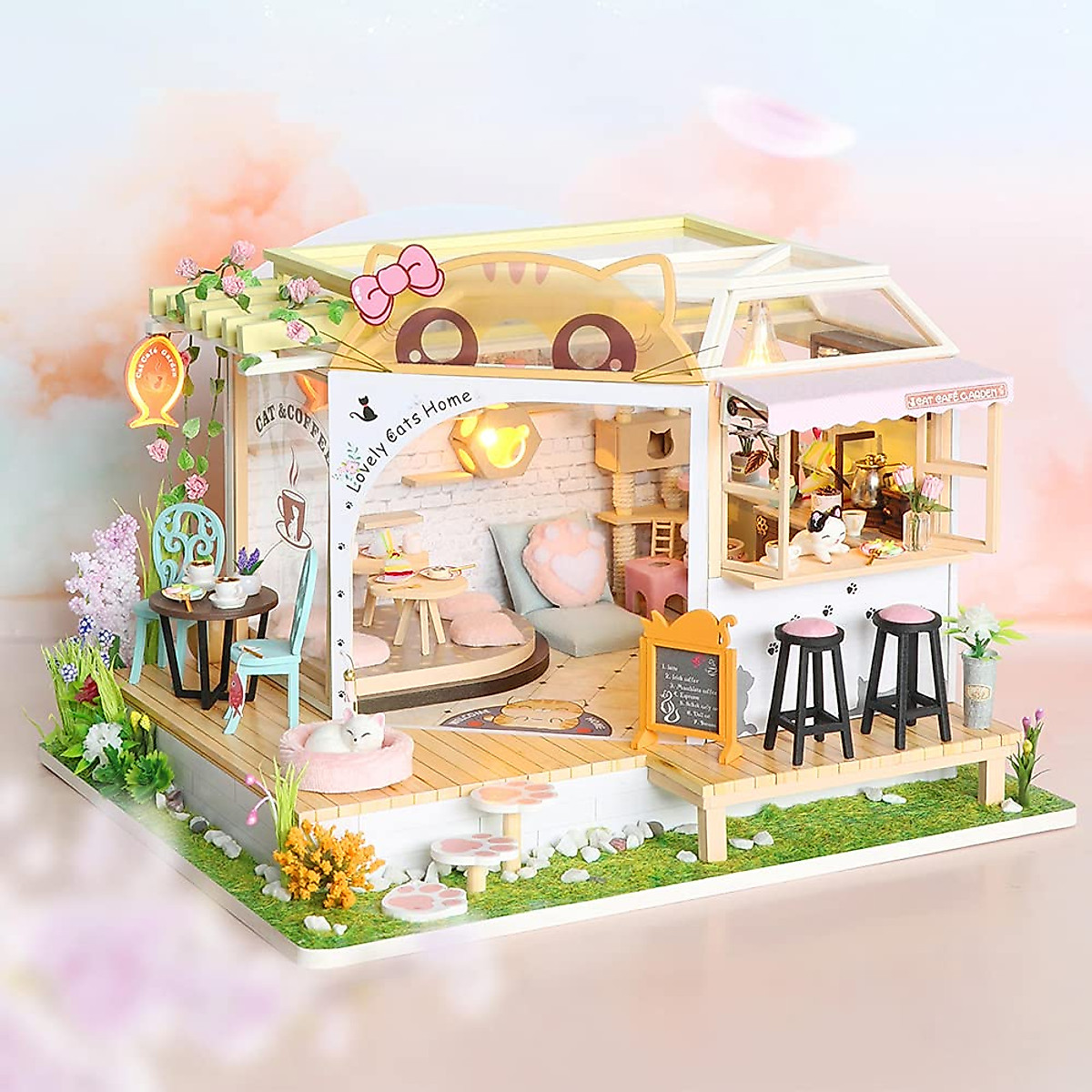 CUTEBEE Dollhouse Miniature with Furniture, DIY Wooden Dollhouse Kit Plus Dust Proof, Creative Room Idea(Cat Coffee Garden)