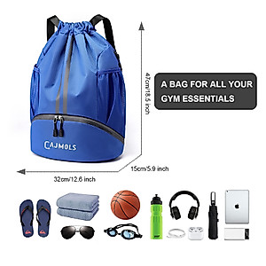 Cajmols Drawstring Backpack with Ball Compartment Water Resistant Sport Equipment Bag for Soccer Volleyball Baseball Softball Football Yoga Swimming (Q-Blue)