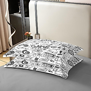Reversible 100% Cotton Gaming Comforter Cover Full, Kids Gamepad Cartoon Bedding Set, Video Games Gamers Duvet Cover, Hip Hop Graffiti Quilt Cover, Racing Car Bedspread Cover Comfy, Black White