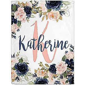 Navy and Blush Floral Personalized Baby Blanket with Name-Custom Baby Blankets for Girls- Personalized Baby Girl Shower Gifts - Personalized Baby Blankets for Girls with Name Blush