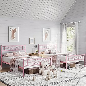 Yaheetech Twin Size Bed Frames Metal Platform Bed Mattress Foundation with Cloud-Inspired Design Headboard/Footboard/Ample Under Bed Storage/No Box Spring Needed/Pink