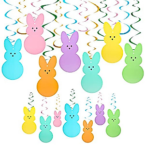 AnyDesign 34Pcs Easter Hanging Swirls Decoration Kit 7 Colors Easter Rabbit Bunny Hanging Ceiling Spirals Steamers with Cutout Cardboard Ornament for Easter Spring Birthday Party Supplies