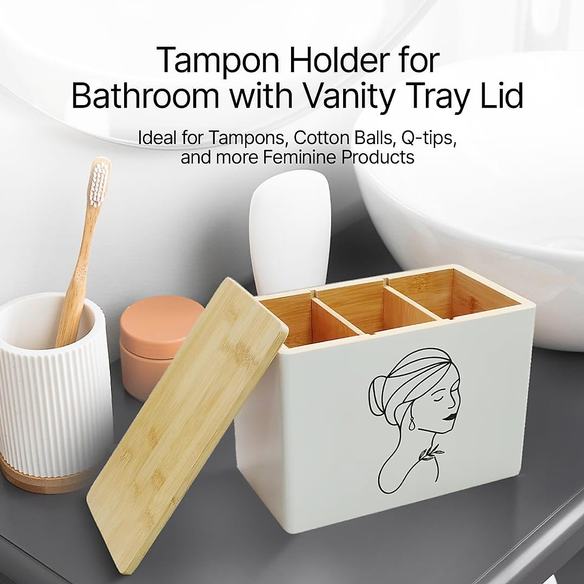 prime sell - Tampon Holder for Bathroom Wooden Farmhouse, Tampon Organizer with Makeup Pouch and Lid, 3-Compartment Feminine Product Organizer - Lady Stuff Box for Bathroom Decor Accessories