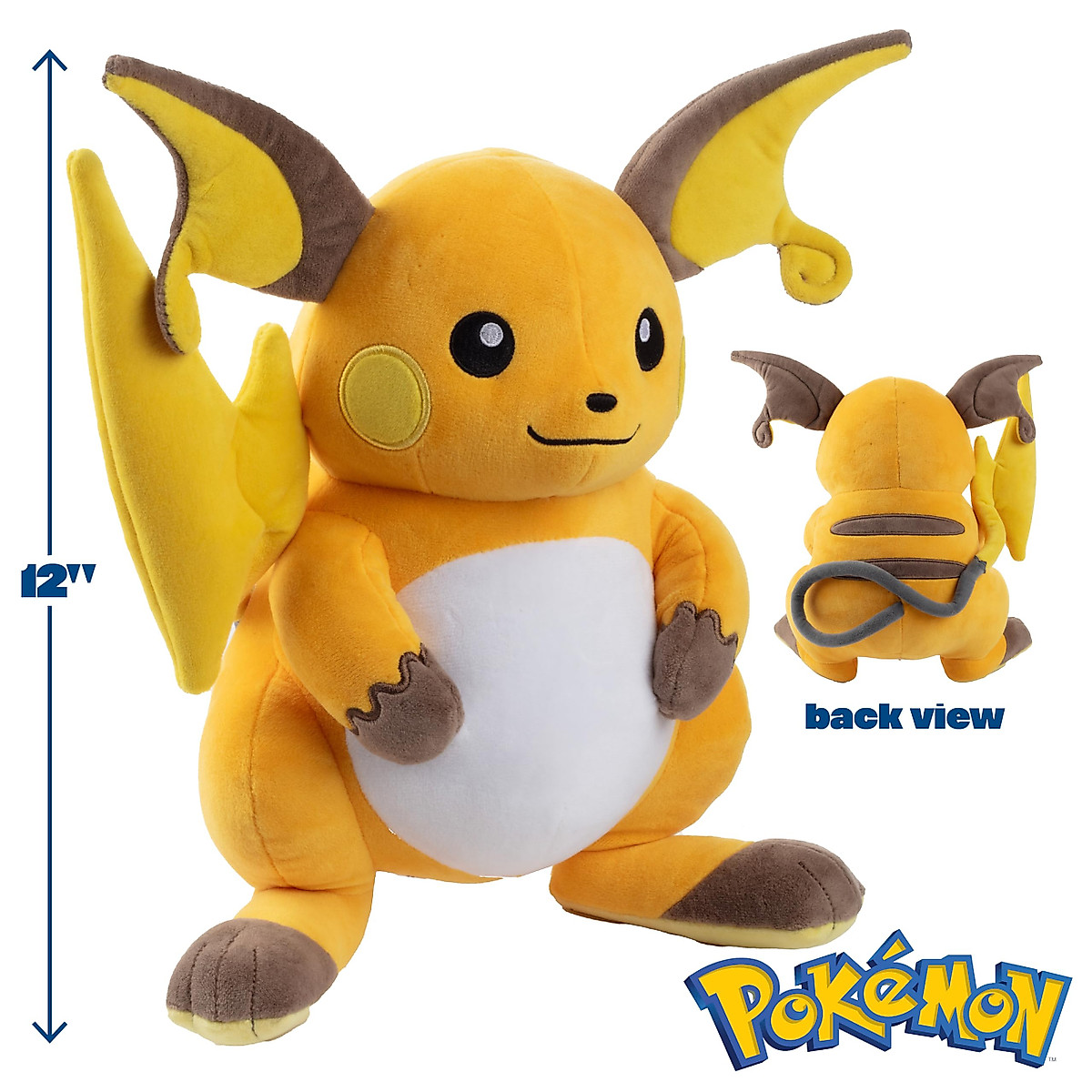 Pokemon 12" Large Raichu Plush - Officially Licensed - Pikachu Evolution Figure - Authentic Soft 12-Inch Stuffed Animal Toy - Valentine's Day & Easter Basket Stuffer Gift for Kids, Boys, Girls - 2+