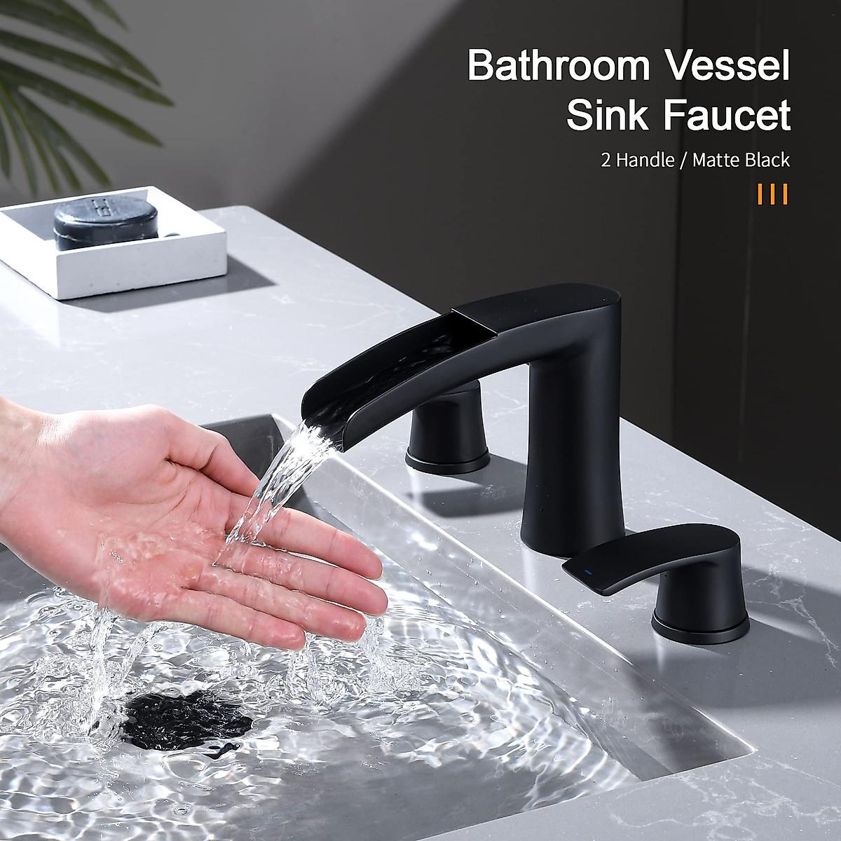 TIORIY Black Bathroom Faucets for 3 Holes Sink - 2-Handle Bathroom Sink Faucet with Drain for Sink 3 Hole, Waterfall Bathroom Faucet with Pop Up Sink Drain Stopper, Black Washbasin Faucet