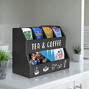 Coffee Station Organizer for Countertop, Wooden Coffee Bar Organization with 8 Compartments, 2 -Tier Tea Bag Organizer for Counter, Black Coffee Accessories for Coffee Bar with Removable Dividers