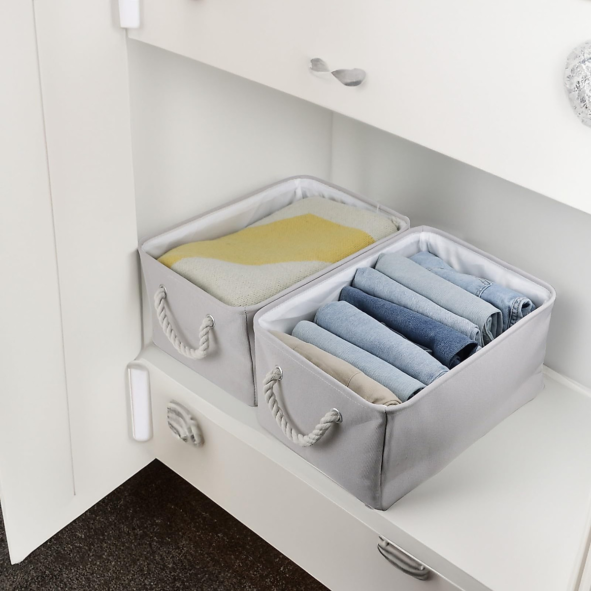 3PCS Foldable Storage Basket, Collapsible Basket Container Shelf Organizer Bin with Rope Handles, Large Storage Basket with Handles for Clothes, Toys, Books and Other Stuff Organizer