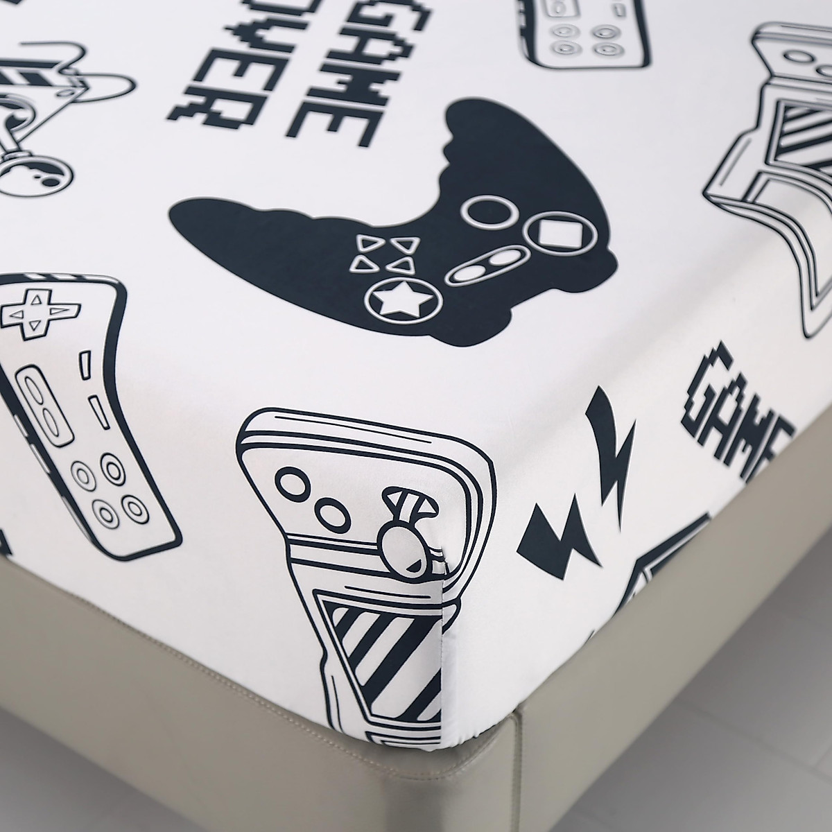 SDIII 3PCS Dark Blue and White Gamer Sheets Twin, 1 Fitted Sheet and 2 Pillowcases, Bed in a Bag Gaming Bedding Sheet, Cute Bed Sheets for Kids Boys and Girls