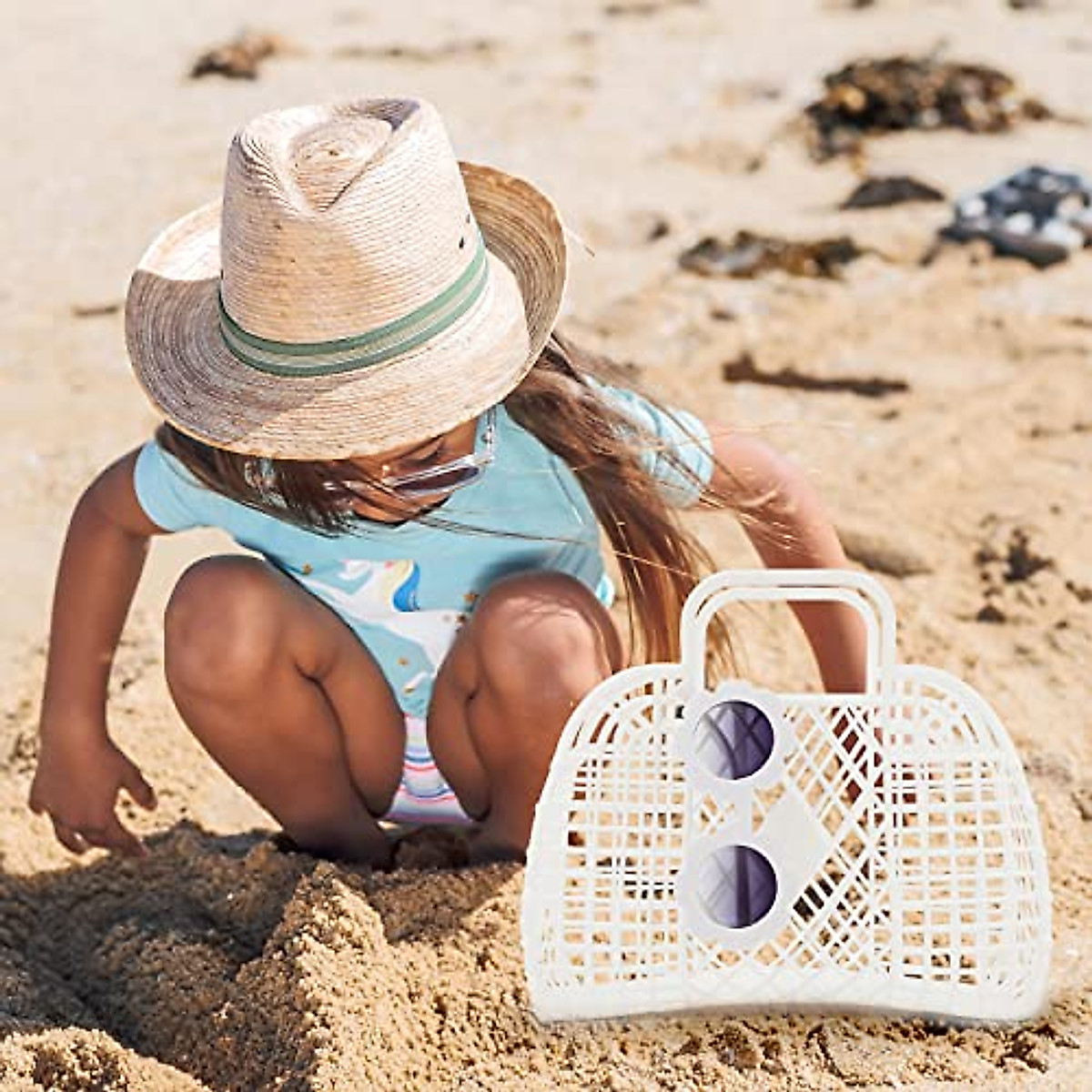 JBB Girls Jelly Bag Plastic Gift Basket Boys Beach Tote Bag Toddler Purse Kids Easter Basket with Round Flower Sunglasses Green