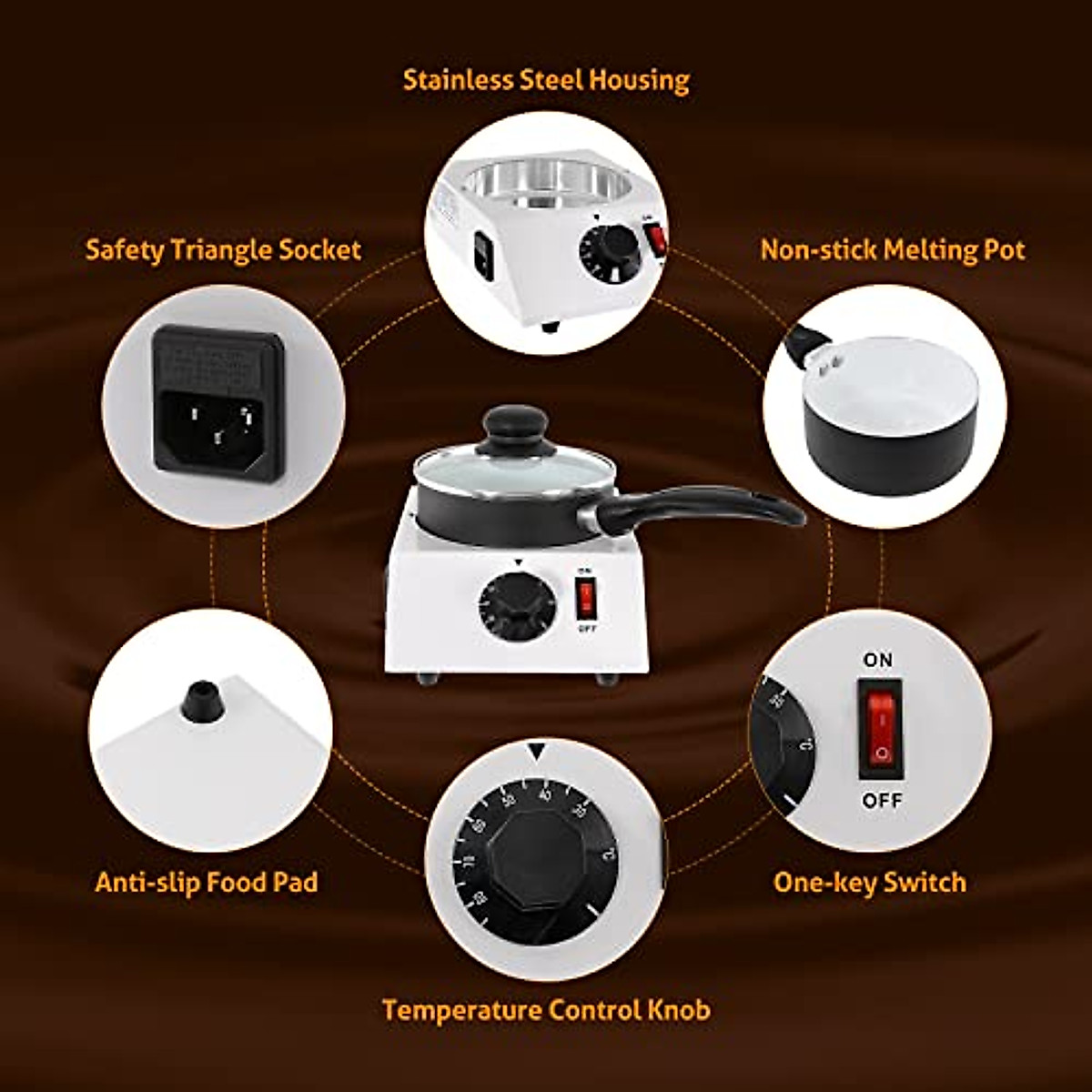 WICHEMI Chocolate Melting Pot Chocolate Tempering Machine Commercial Electric Chocolate Melter Fondue Pot for Chocolate, Butter, Cheese, Cream, Candy, Milk, Coffee, Desserts (Single Pot)