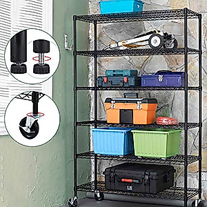 6 Tier Storage Metal Shelf 82"x48"x18" NSF Wire Shelving Unit with Wheels Heavy Duty Layer Rack with Casters, Sturdy Steel Metal Wire Rack for Pantry Kitchen Garage Rack (Black, 82"x48"x18")