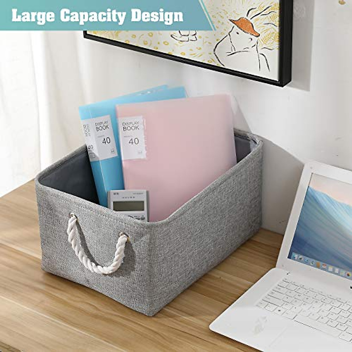 Storage Basket Bins - Decorative Baskets Storage Box Cubes Containers with Handles for Clothes Storage Toys, Books, Home, Office (Grey, GREY13IN-S-3PACK)
