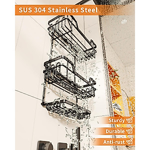 SWTYMIKI 3 Tier Rustproof Hanging Shower Caddy with 16 Hooks & Dual Soap Holder, Large Capacity Over Shower Organizer for Bathroom Shower Room, Black