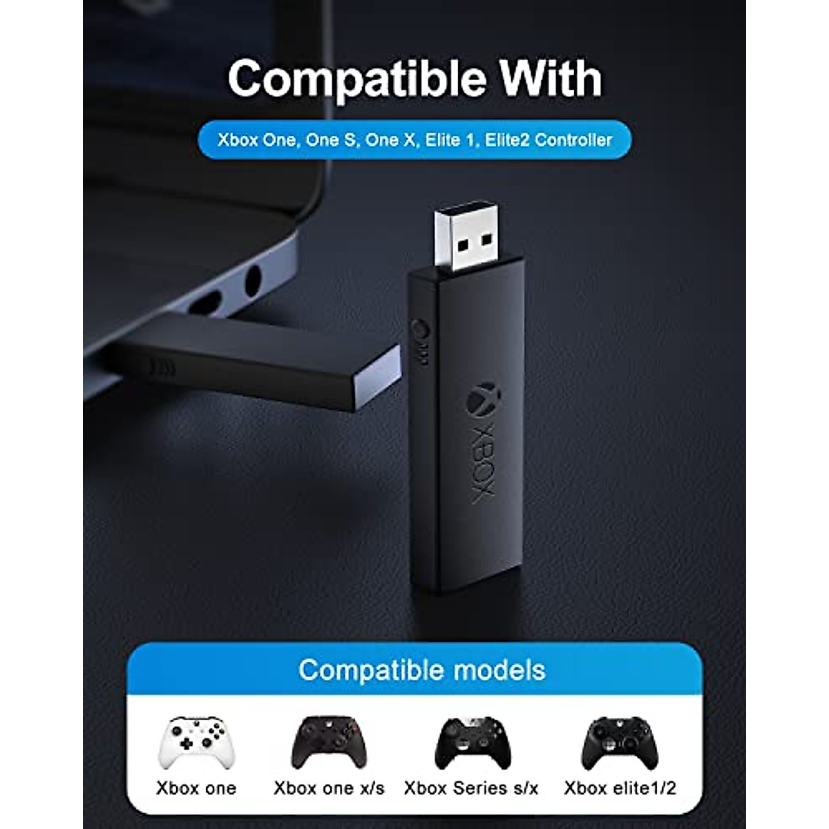 Caprioyens Wireless Adapter for Xbox One Controller Works with PC, Laptops, Tablets, Windows 7 8 10, Compatible with Xbox One, One S, One X, Elite 1, Elite 2 Controller - Low Latency (Black)