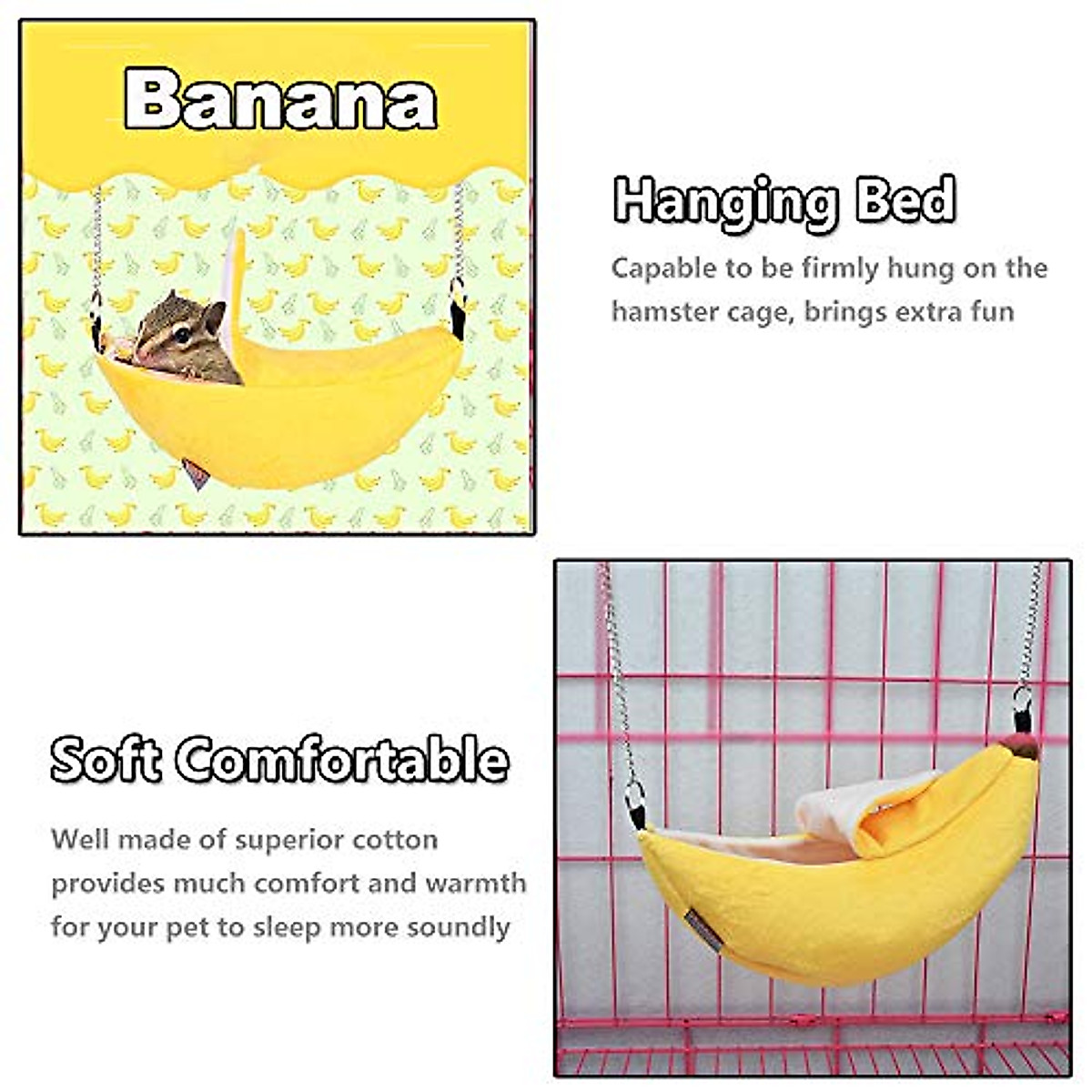 Amakunft 2 Packs of Banana Hamster Hammock, Yellow Hamster Bed for Cage, Cute Syrian Hamster Hammock, Soft Dwarf Hamster Bed for Sugar Glider/Mouse/Rat/Squirrel