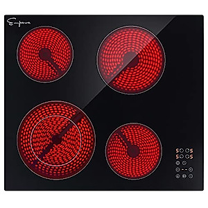 Empava 24-Inch Electric Radiant Cooktop 4 Burners Stove Top 6400W with 1-99 Minutes Timer and 9 Heating Levels Smooth Glass Surface in Black, 24 Inch