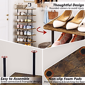 AZERPIAN Shoe Rack 7 Tier Vertical Storage Organizer Double Row Narrow Metal Slim Shelf Modern Free Standing Shoe Tower Saving Space for Closet Entryway Bedroom,Black+Rustic Brown