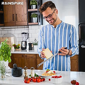 Rainspire Zester Grater with Handle, Lemon Zester Cheese Grater for Kitchen Stainless Steel, Parmesan Cheese Garlic Nutmeg Chocolate Fruits Vegetables Ginger Grater, Fine, Black