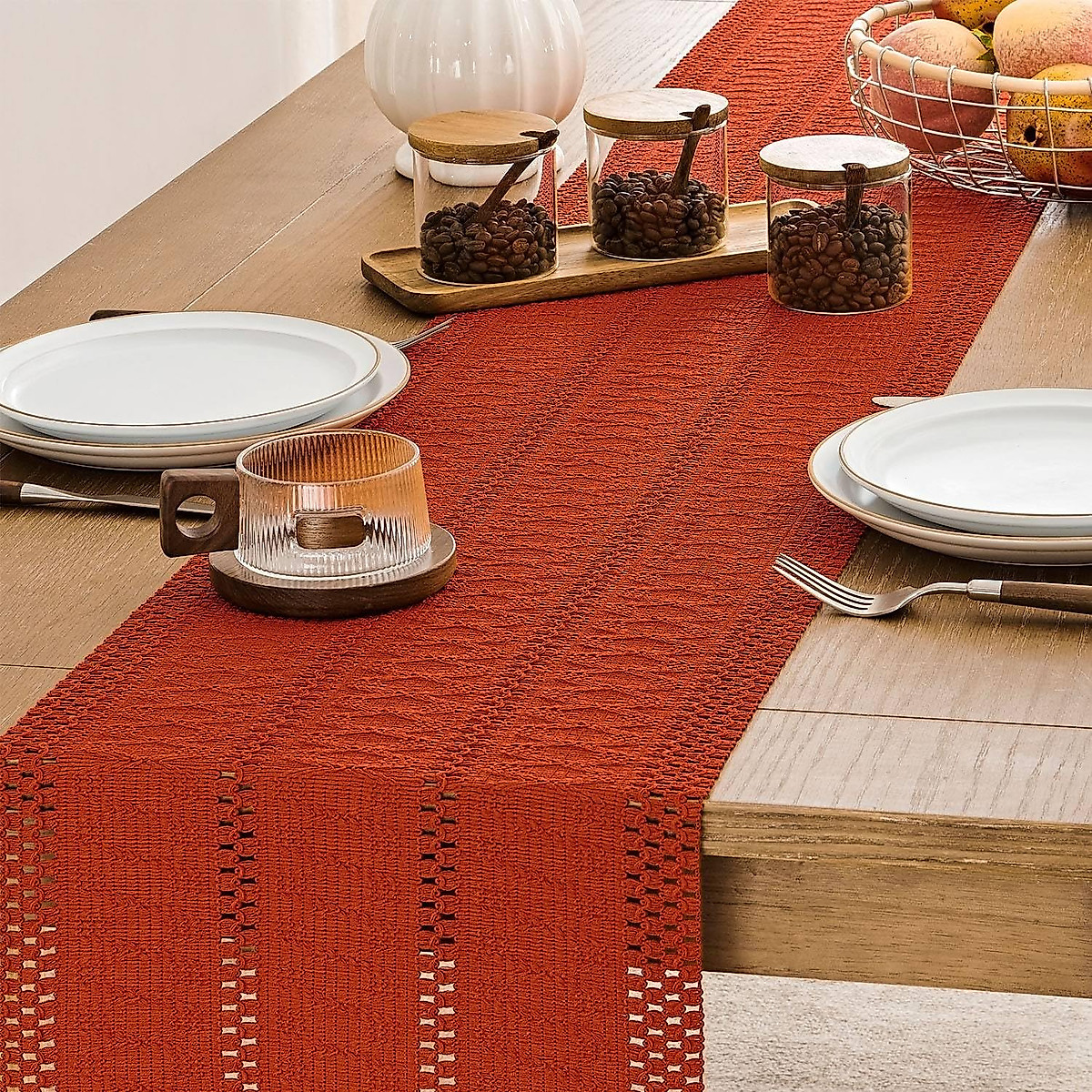 ZeeMart Macrame Style Boho Table Runner, Burnt Ochre Fall Table Runners 72 Inches Long, Farmhouse Woven Home Decor, 12x72 Inch, Dark Orange