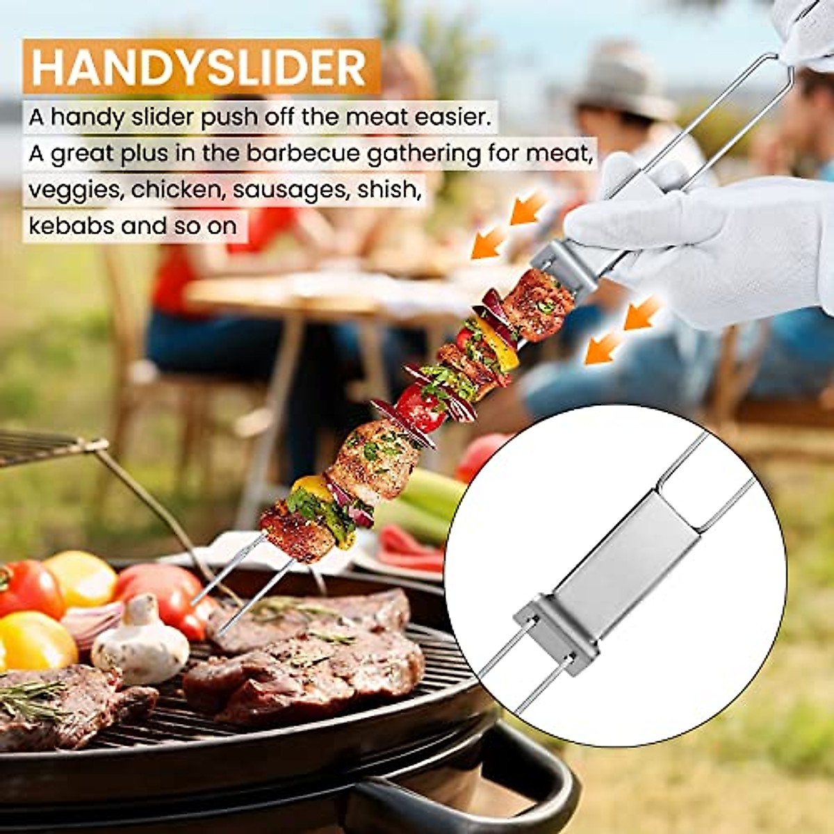 6 Pack Kabob Skewer for Grilling- 17" Long Metal Stainless Steel BBQ Skewer Stick with Push Bar, Reusable Double Pronged Kebab Skewer Tool Quick Release Meat, Chicken, Vegetable and Fruit