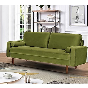 US Pride Furniture Velvet 70" Sofa Couch, Iconic Mid-Century Style Living Room Furniture with Contemporary Silhouette, Button Tufting and Wood Legs, Includes 2 Bolster Pillows, Olive Green