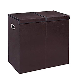 Internet's Best Double Faux Leather Laundry Hamper with Lid - Double Load - Foldable Hamper Basket - Removable Lid - Brown