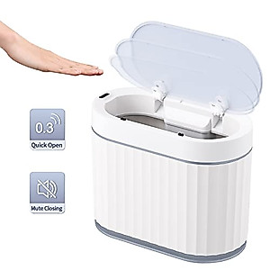 ELPHECO Mini Desktop Trash Can with Lid, Small Slim Automatic Garbage Can, 1.3 Gallon Motion Sensor Countertop Waste Basket for Bedroom, Office, Bathroom, White with Grey Trim