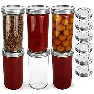 KAMOTA Wide Mouth Mason Jars 22 oz With Wide Mouth Lids and Bands, Ideal for Jam, Honey, Wedding Favors, Shower Favors, Baby Foods, 6 PACK, Extra 6 Silver Lids with Straw Hole Included…