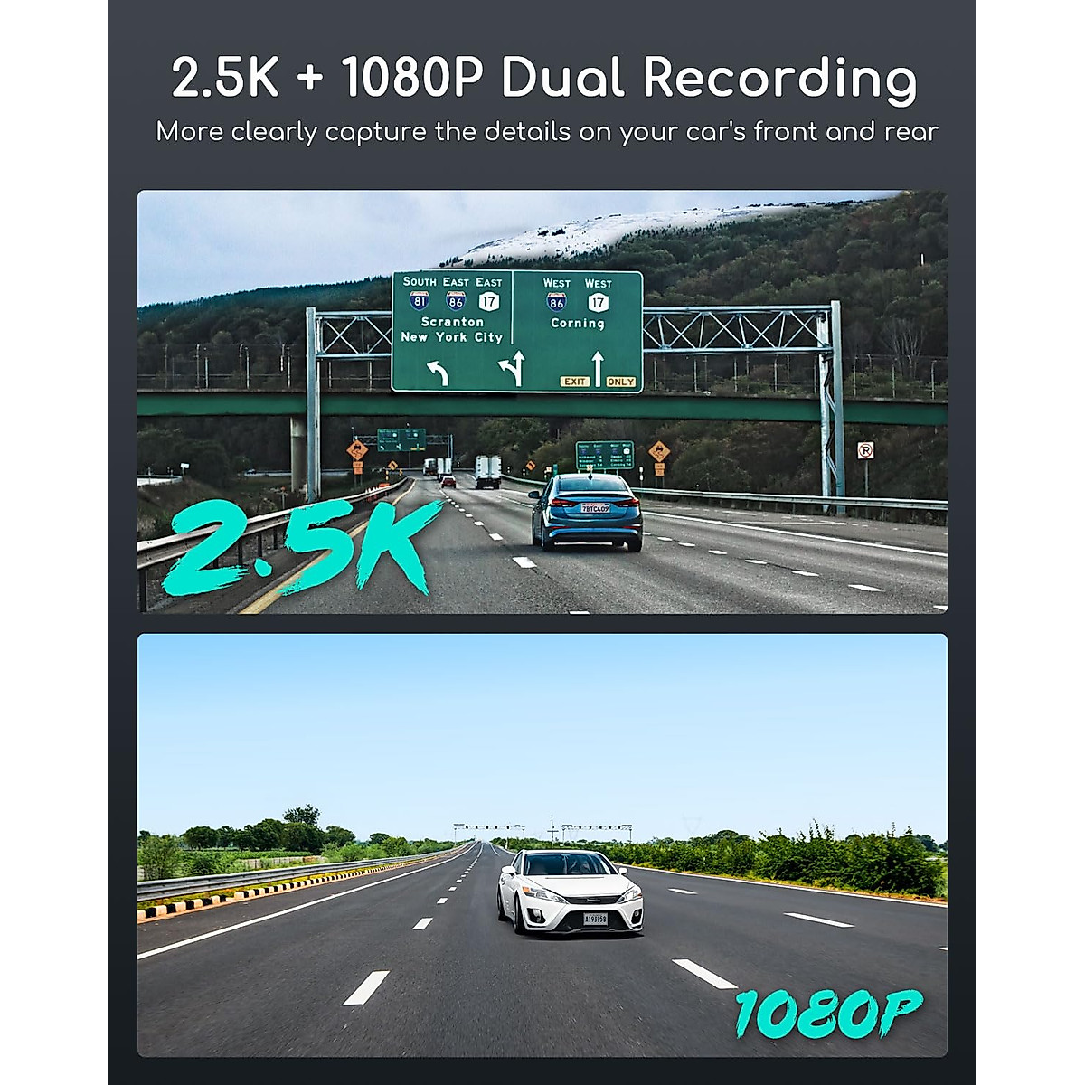 Dual Dash Cam Front Rear - COOAU 2.5K Car Camera 3” IPS Screen with WiFi APP - Dashboard Cam GPS WDR G-Sensor | 24H Parking Mode Night Vision | Loop Recording