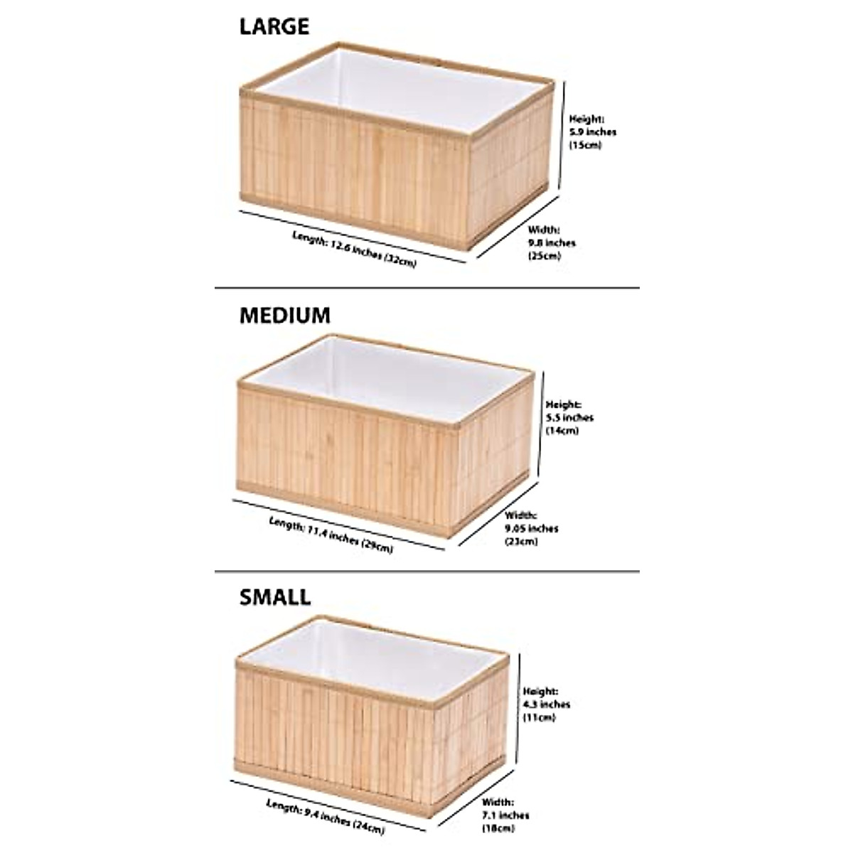 Bamboo Storage Baskets, Set of 3; All-Natural Organizer Bins with Fabric Liner on Inside; Boxes Great for Kitchen, Pantry, Bathroom, Closets, Storage, Shelving, Toys; 3 Sizes: Small, Medium, Large