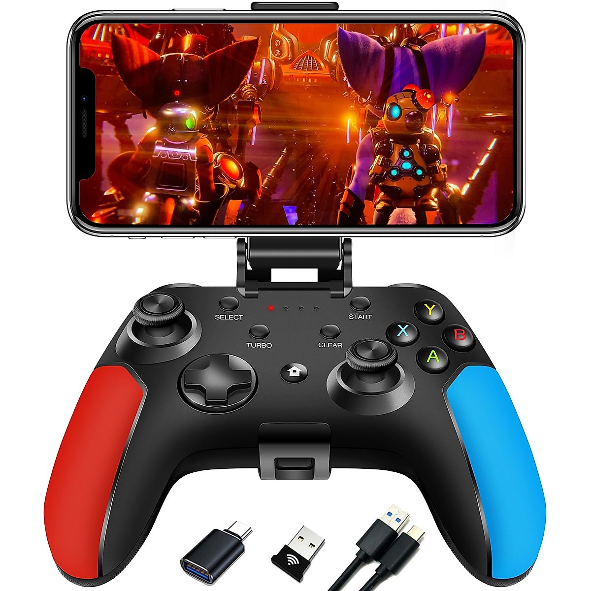 Bluetooth Mobile Game Controller for Android, iPhone, Tablet, TV Box, PC, Tesla, PS3, Switch, Apple Arcade MFi & Cloud Gaming, with Phone Clip/2.4G Wireless/USB-C Adapter/6-Axis Gyro/Vibration/Turbo