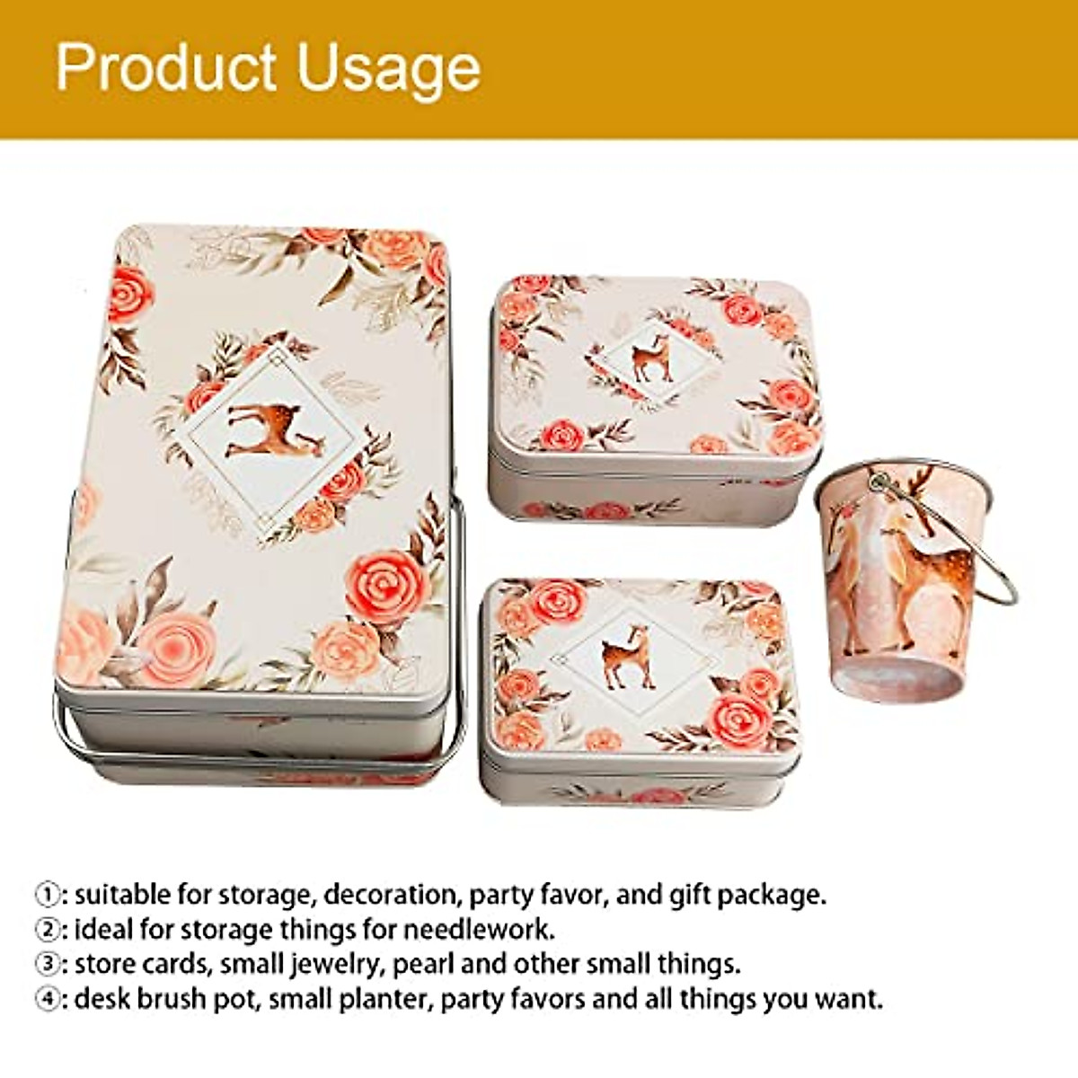 Tsing Candy Tins Colorful Metal Tin with Lid 4-in-1 Empty Rectangle Metal Storage Tin Can, Metal Bucket with Handle, Travel Containers Boxes for Cookie, Biscuit, Cards and Other things (Deer)