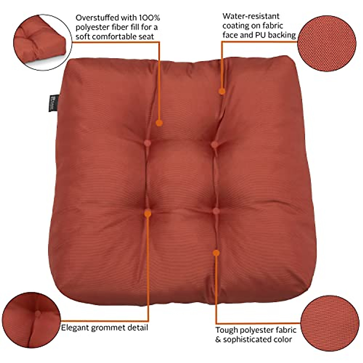 Classic Accessories Water-Resistant Square Patio Seat Cushions, 19 x 19 x 5 Inch, 2 Pack, Brick, Outdoor Seat Cushions