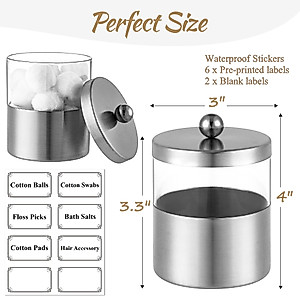 Gaussra Apothecary Jars, Qtip Holder - Stainless Steel Bathroom Jar with Stickers - Farmhouse Decor Qtip Dispenser for Qtips, Cotton Balls, Swabs, Makeup Sponges (2 Pack, Brushed Nickel)