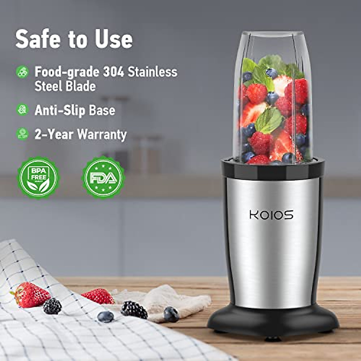 KOIOS 850W Bullet Blender for Shakes and Smoothies, 11 Pieces Personal Smoothie Blenders for Kitchen, Small Cup Grinder with 2 * 17Oz To-Go Cups and Spout Lids, BPA Free, Pulse Technology (Black)
