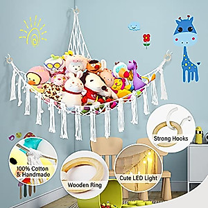 Weraher Toy Hammock Stuffed Animals Storage, Hanging Corner Mesh for Toy, Macrame Boho Teddy Bear Storage with LED Light for Boys Girls for Bedroom Nursery Playroom (White)
