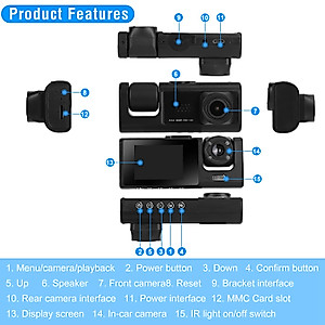 TeqHome 3 Channel Dash Cam Front and Rear Inside, 1080P FHD Dash Camera for Cars, Three Way Triple Dashcam Car Camera Recorder with IR Night Vision, Loop Recording, WDR, 24H Parking Monitor, G-Sensor