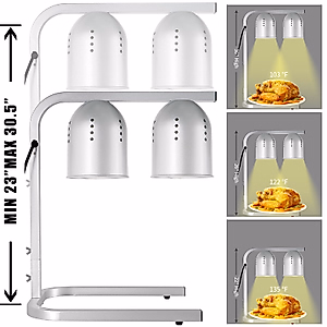 VORIGY Heat Lamp for Food, with Two 250W Bulbs for Fast and Even Heating, Food Heat Lamp with Adjustable Height Stand, Commercial Food Warmer Lamp for Home, Fast Food Restaurant, Buffet, Bakery Silver