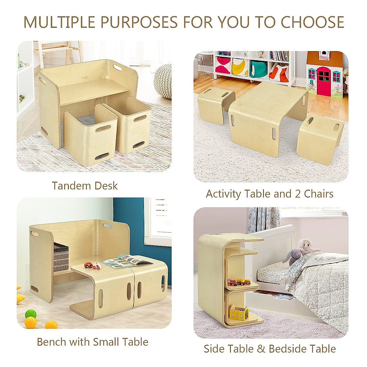 Costzon Kids Table and Chair Set, 4 in 1 Wood Activity Table, Bench, Storage Shelves, Desk for Children Reading, Arts, Crafts, Snack Time, Playroom, Fully Assembled, Toddler Table & Chair Set, Natural