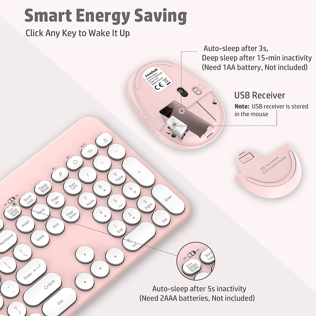 LeadsaiL Wireless Keyboard and Mouse Combo, Full-Sized Ergonomic Computer Keyboard with Phone Tablet Holder, 2.4GHz Silent Cordless Keyboard Mouse Set for Windows Laptop, PC, Desktop - Pink