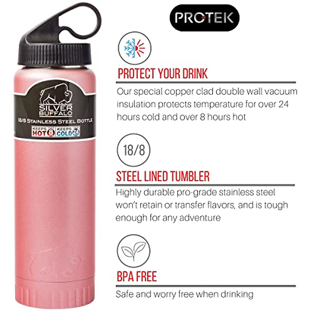 Silver Buffalo Double Walled Vacuum Insulated Stainless Steel Water Bottle, 20-ounce, Rose Gold