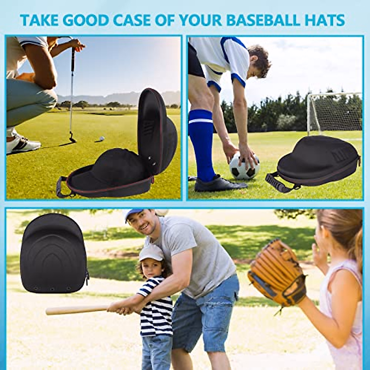 Hard Hat Case for Baseball Caps,Hat Carrier Travel Case with One Black Baseball Cap and Adjustable Shoulder Strap,Hat Organizer Holder Bag for 6 Baseball Caps (Black)