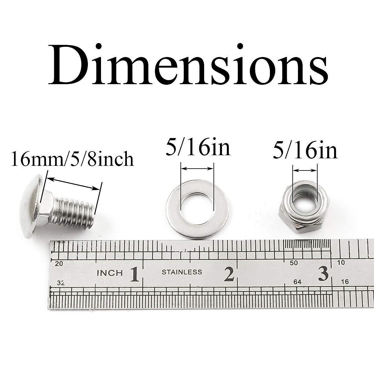 Pro Bamboo Kitchen 8 Sets Stainless Steel Carriage Bolt 5/16"-18 x 5/8 Carriage Bolts with 5/16 Nuts and Washers Self Locking Nonskid Nylon Lock Nut