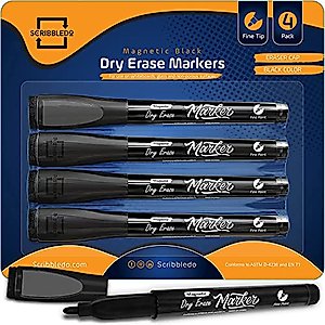 Scribbledo 4 Pack Magnetic Dry Erase Markers Fine Tip Black Color Low Odor Whiteboard Markers with Eraser Cap Thin Skinny White Board Markers for Kids Adults Students Teachers Home & School