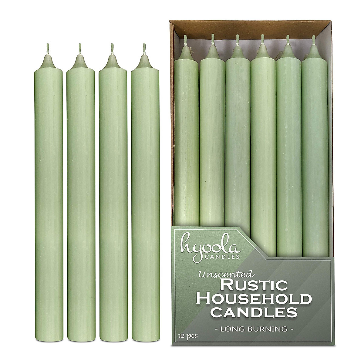 Hyoola 10 Inch Dinner Candles - 12 Pack - Light Green Tall Candles - Unscented Rustic Candles - Long Burning Candle Sticks