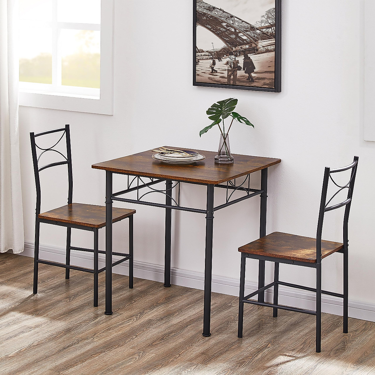 MEGOIVARTEN 3 Piece Small Square Dining Table Set for Kitchen Breakfast Nook, Pub Dining Set, Modern Square bar Table and Stools for 2, Wood Grain Tabletop for Compact Space w/Steel Frame